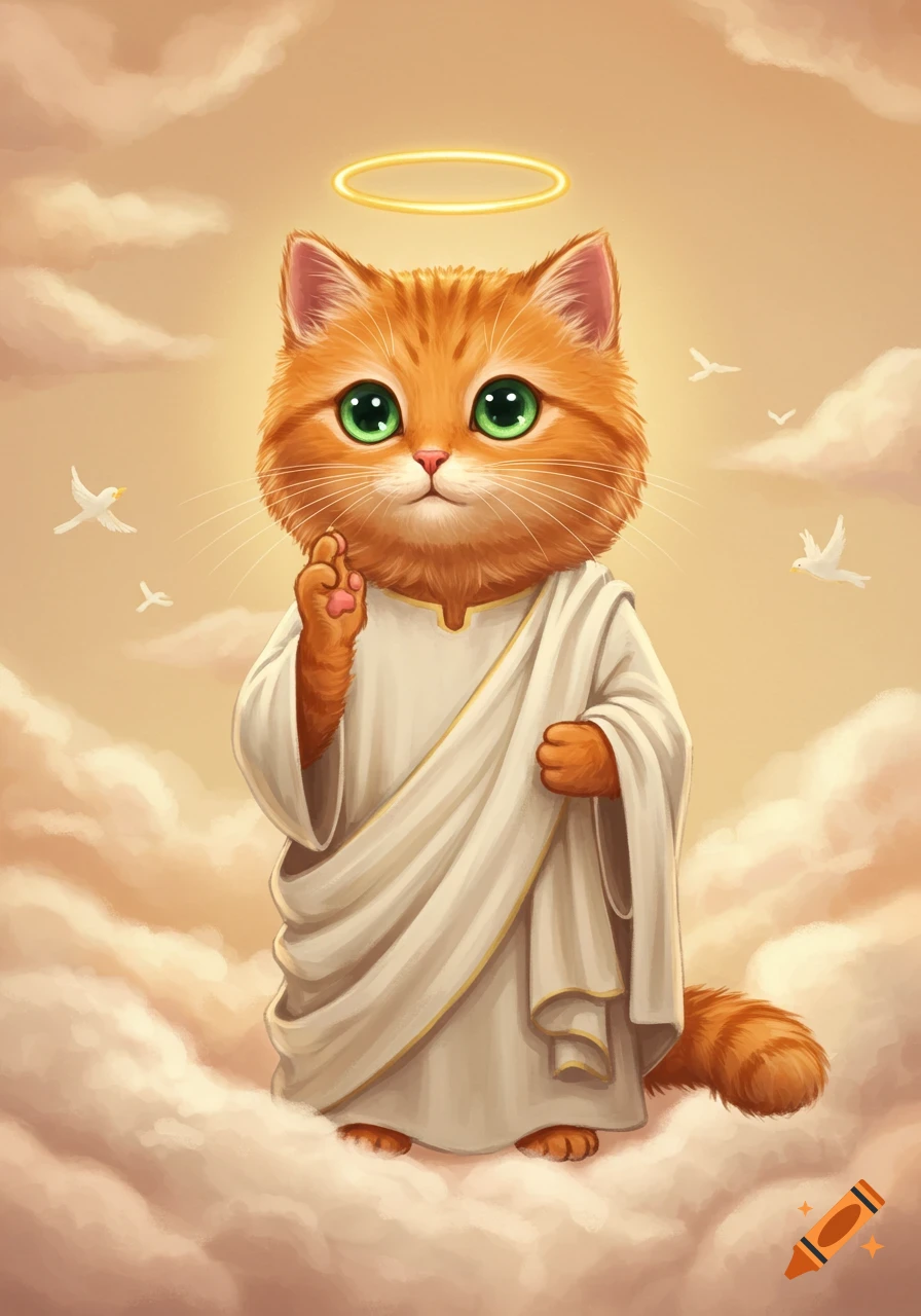 A cartoon orange tabby cat dressed in white robes with a halo stands on ...