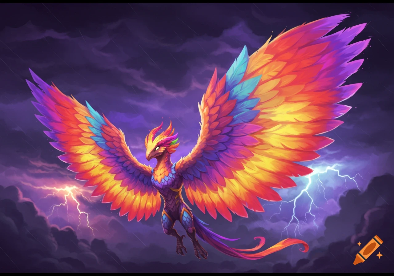 A vibrant, rainbow-colored phoenix flies through a stormy sky with ...