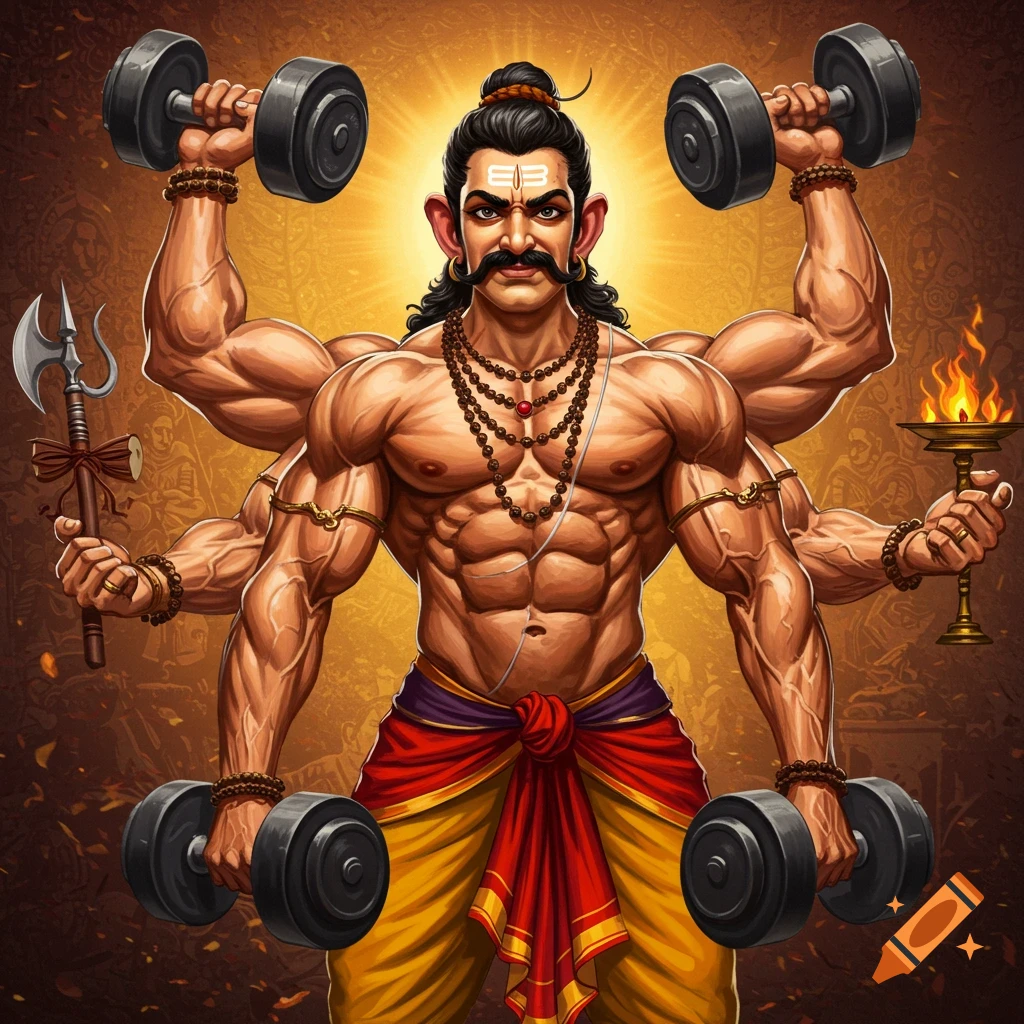 Muscular figure resembling Hindu god with multiple arms holding ...