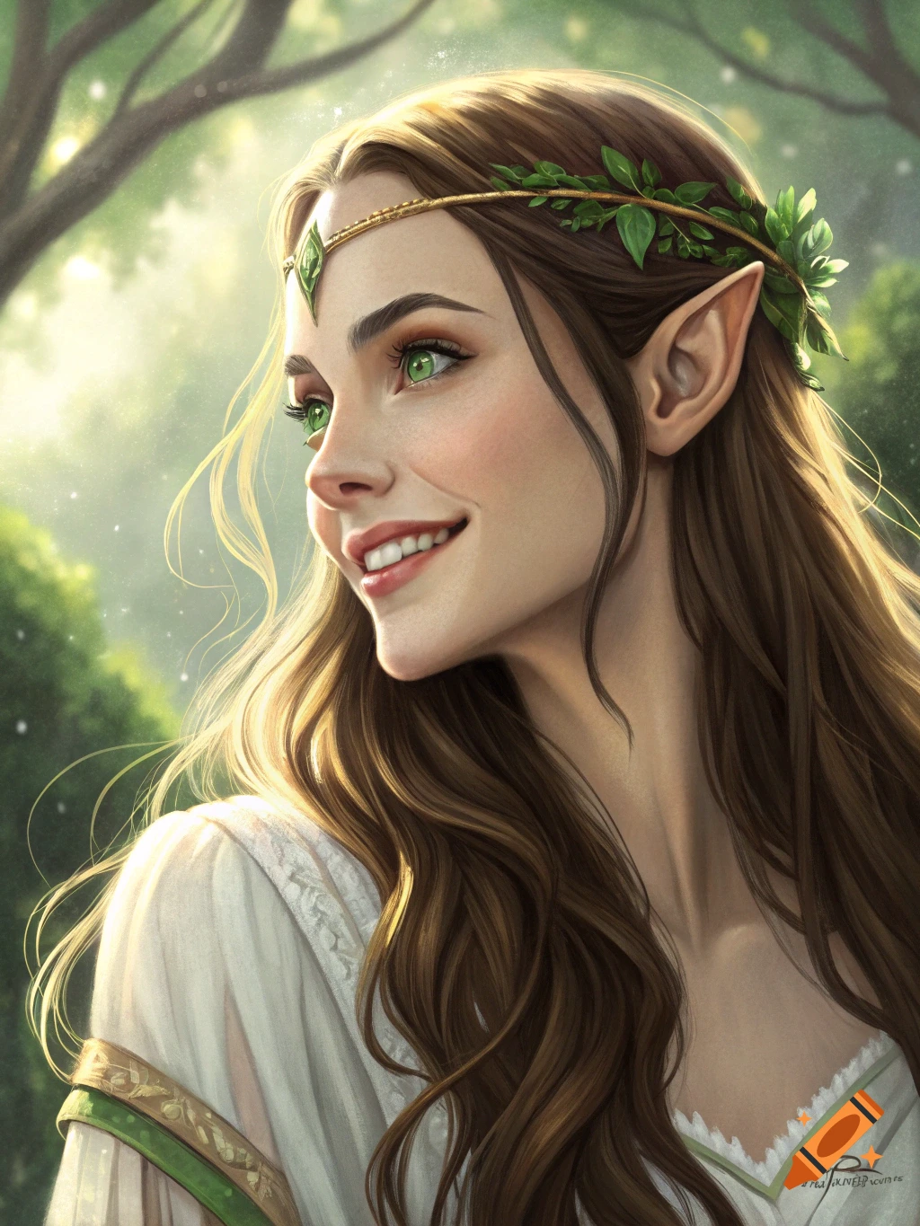Smiling elf maiden with green eyes and long brown hair in a forest. on ...