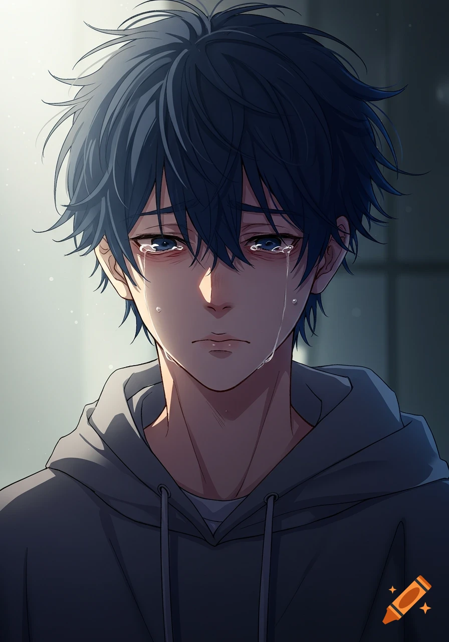 Anime portrait of a young man crying, wearing a grey hoodie. on Craiyon