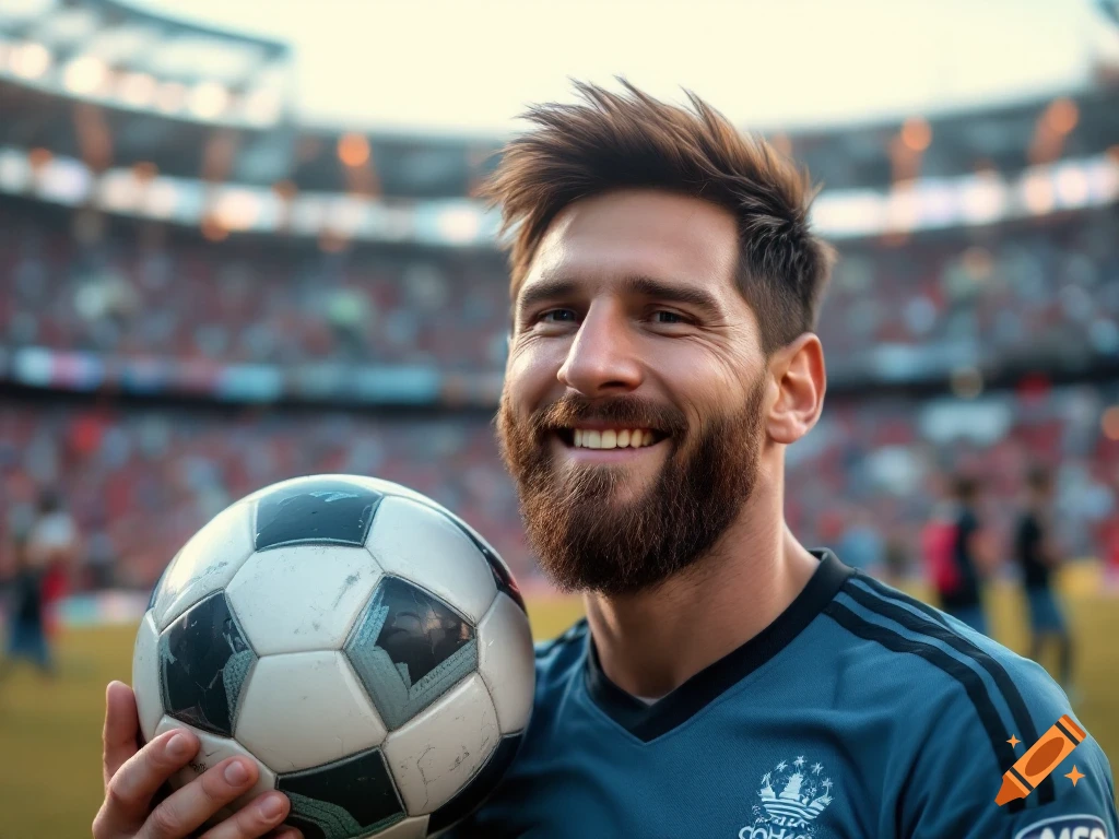 Smiling man resembling Messi holding a soccer ball in a stadium. on Craiyon
