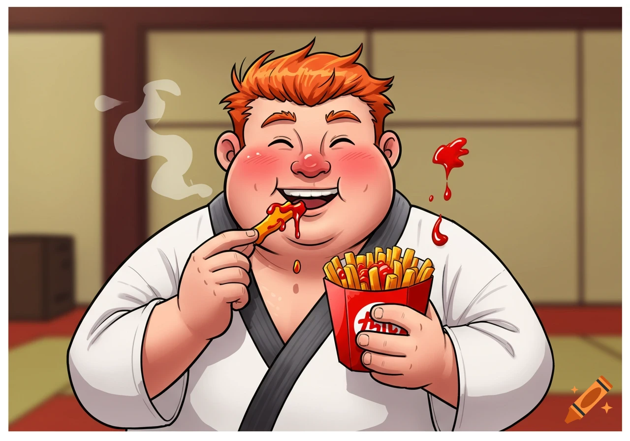 Cartoon fat redhead man in a karate outfit eating ketchup fries. on Craiyon