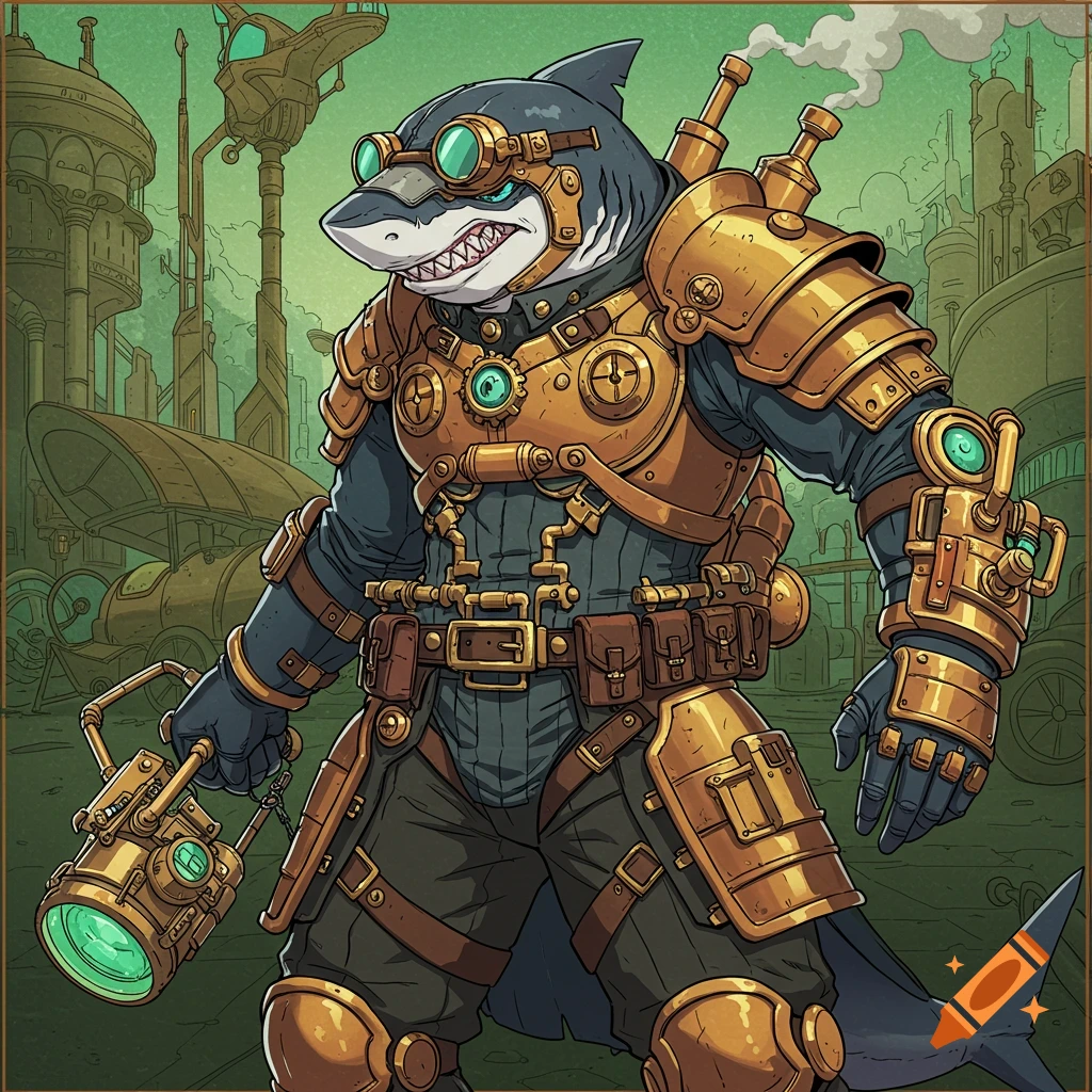 Anime steampunk shark in golden armor holding a device, standing in a ...