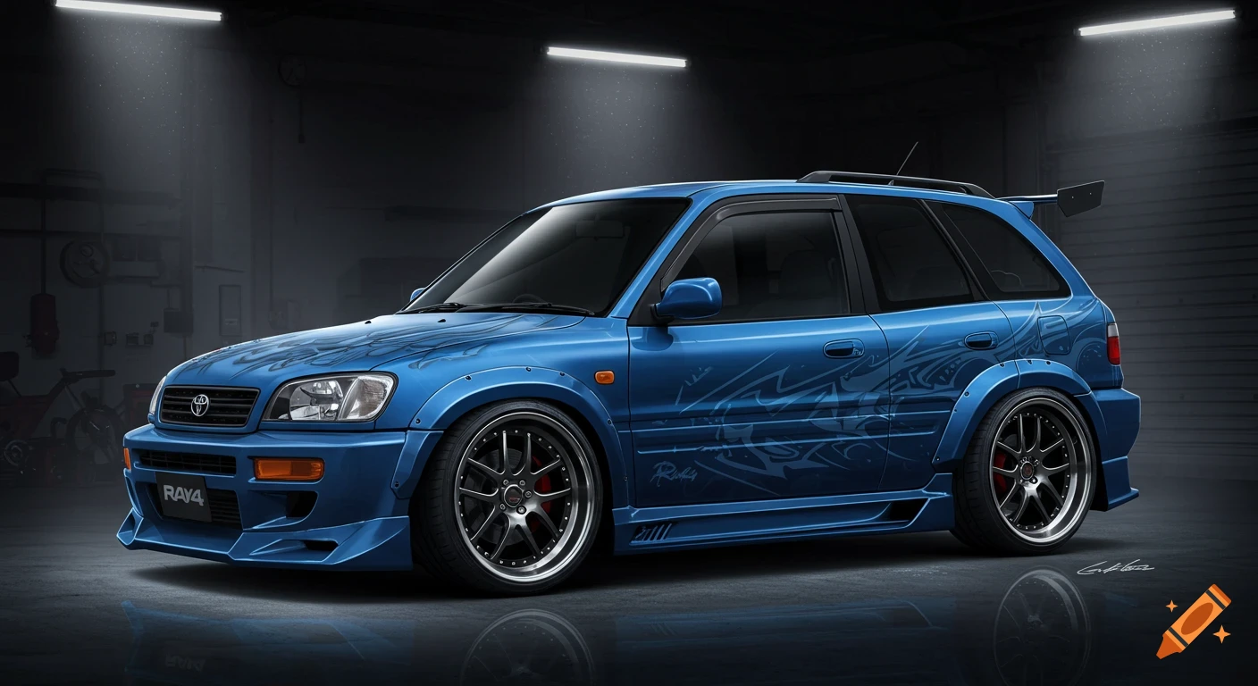 Blue wide body Toyota RAV4 with tribal graphics parked in a garage. on ...