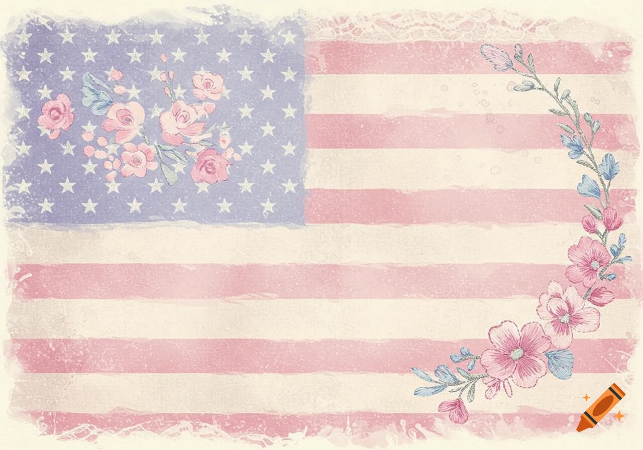A vintage-style US flag with pink stripes and floral decorations on Craiyon