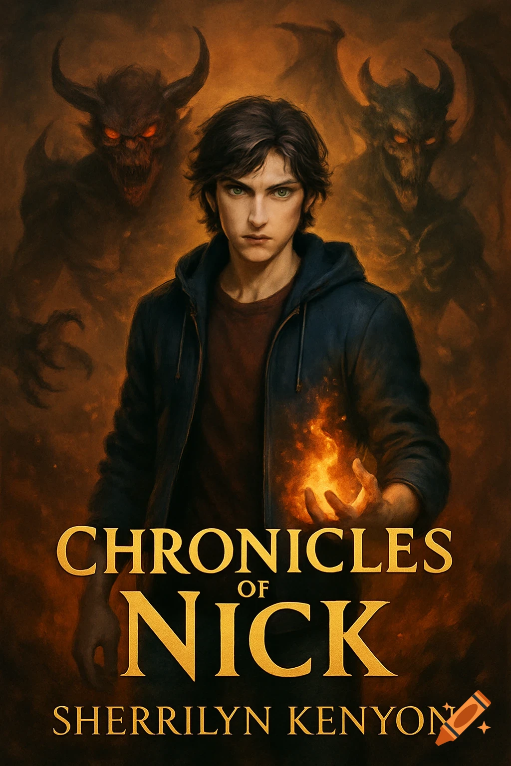 Fantasy book cover art featuring a young man holding fire, with demons ...