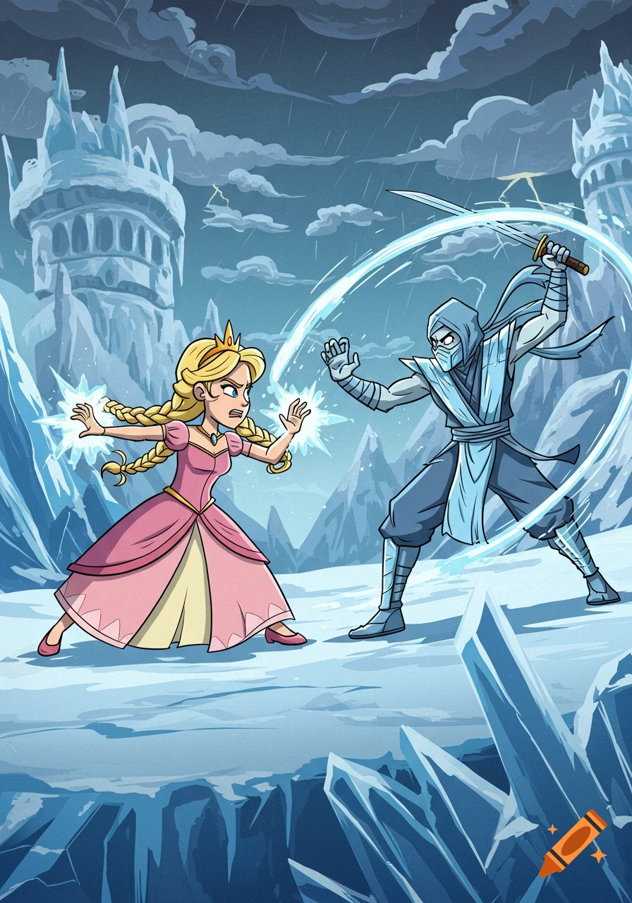 Cartoon princess fights ice ninja with powers in snowy castle. on Craiyon
