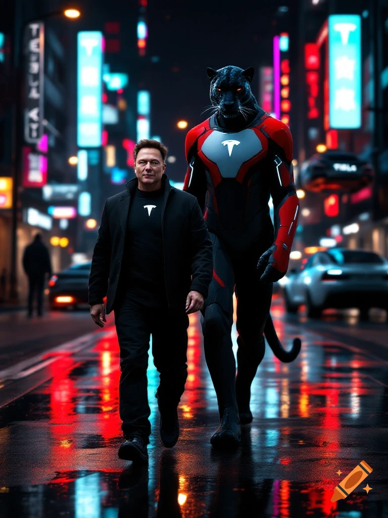 Elon Musk walks with a humanoid black leopard in a Tesla suit down a ...