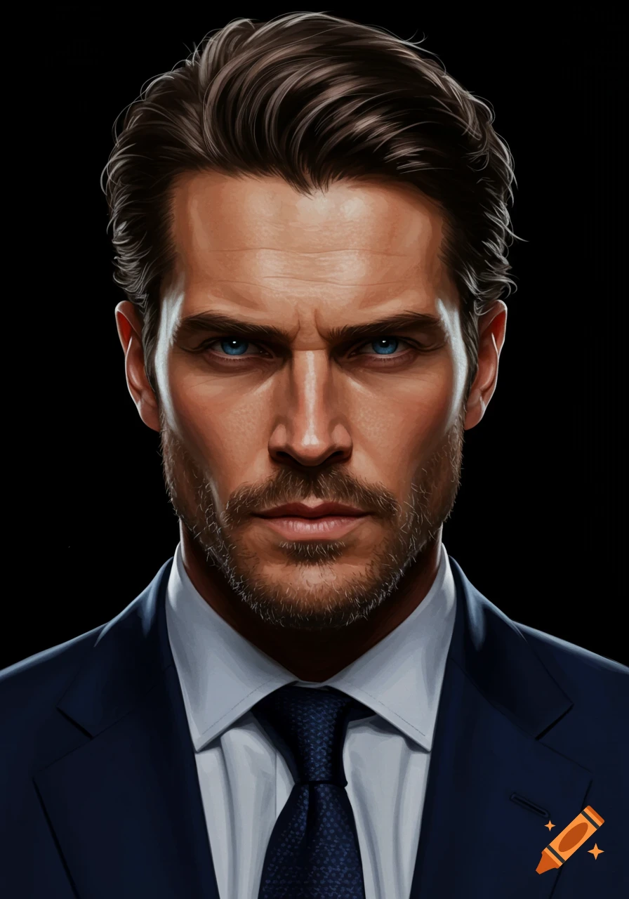 Close-up portrait of a serious-looking man in a dark suit. on Craiyon