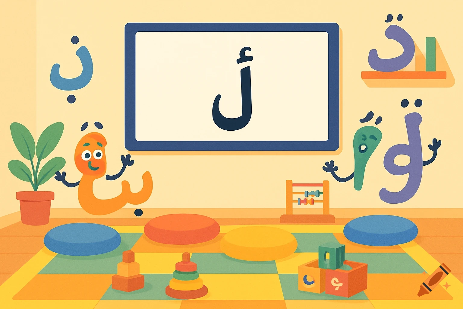 Cartoon Arabic educational room with animated letters, toys, and the ...