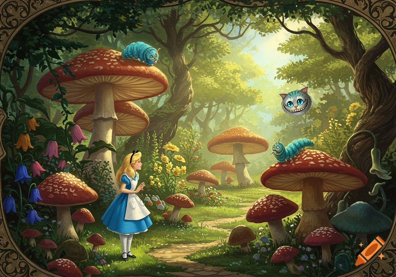 Illustration of Alice in Wonderland walking through a forest with giant mushrooms, caterpillars ...