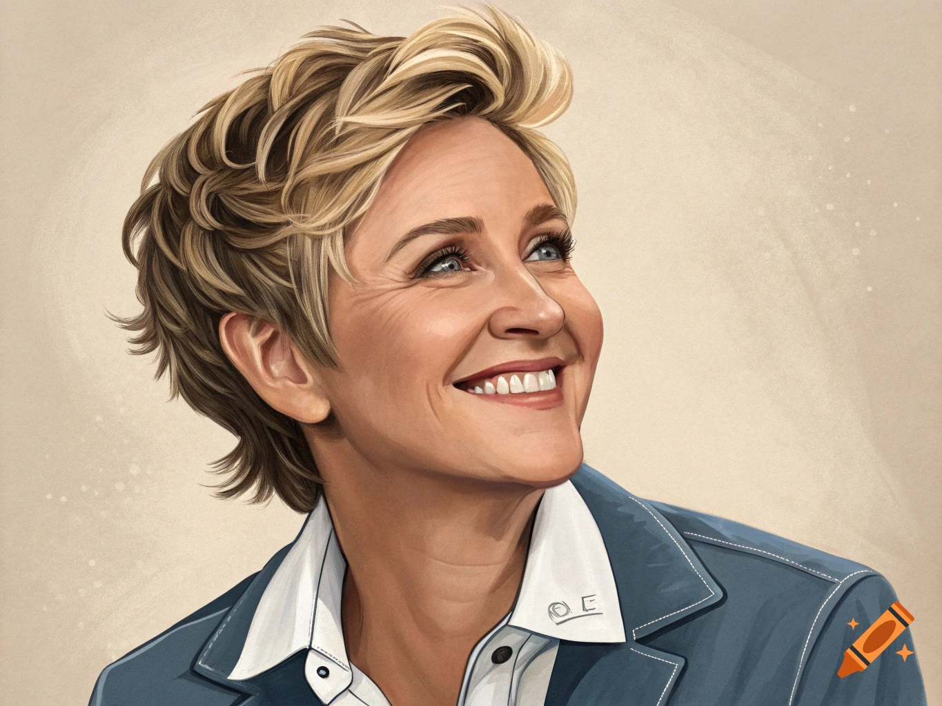 Stylized illustration of Ellen DeGeneres smiling and looking up on Craiyon