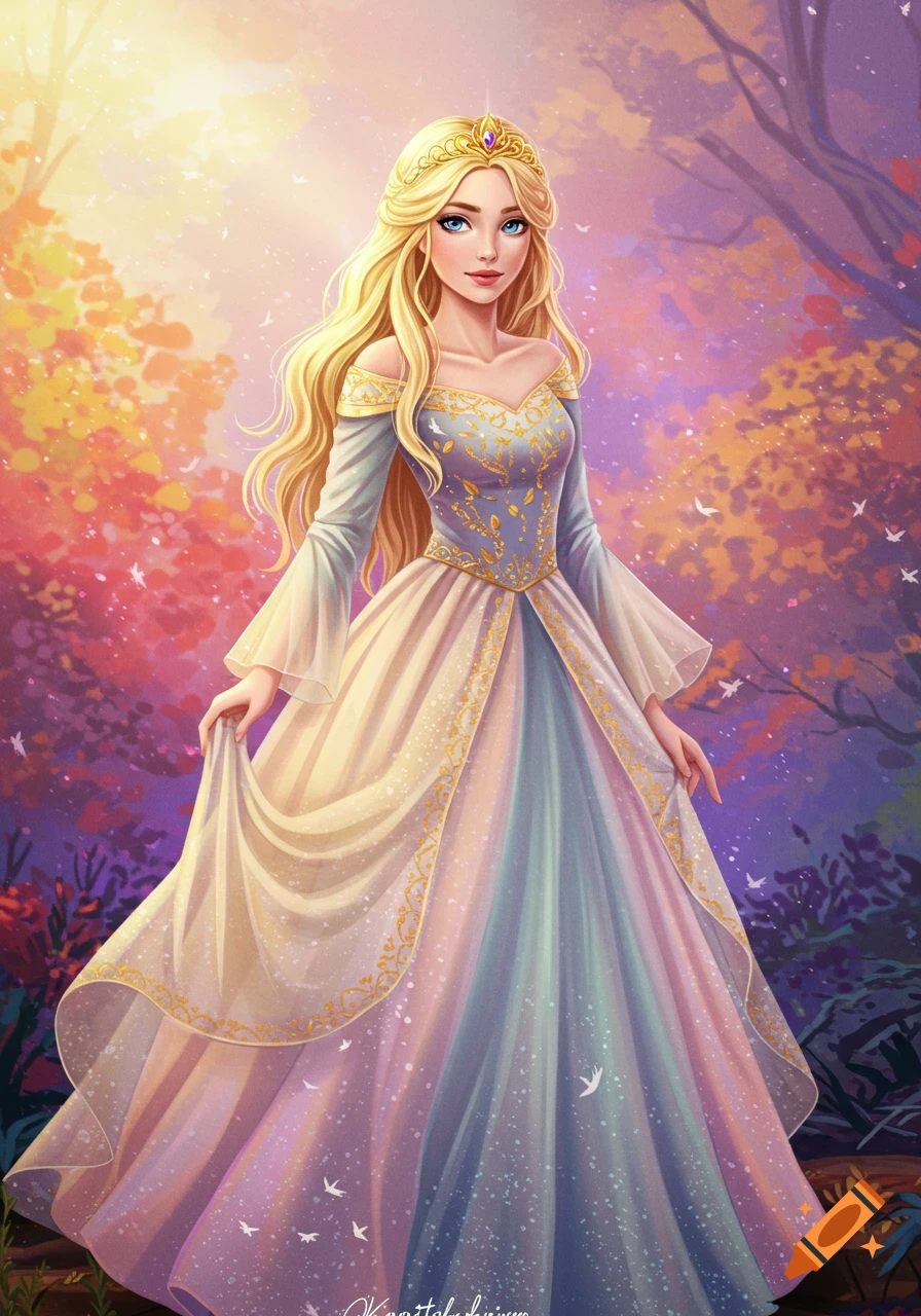 A blonde princess in a long flowing dress stands in a colorful fantasy forest. on Craiyon