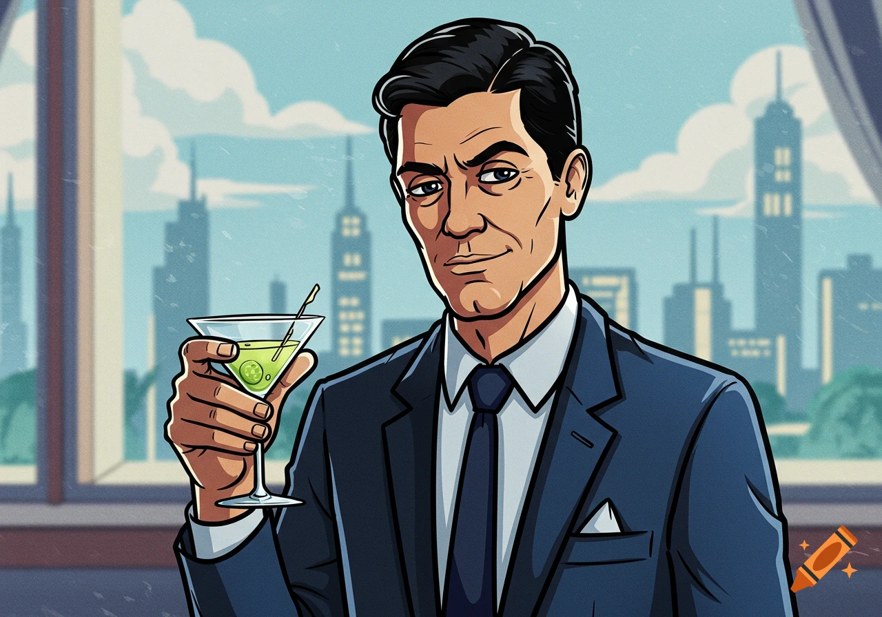 Animated man resembling Sterling Archer in suit holding martini glass with city skyline ...