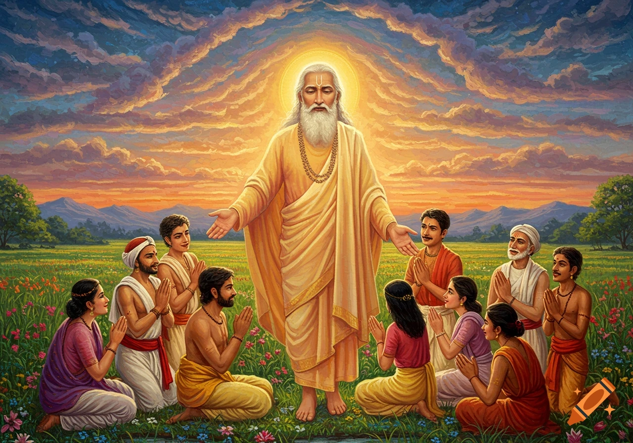 Painting of a radiant spiritual figure standing among people kneeling ...
