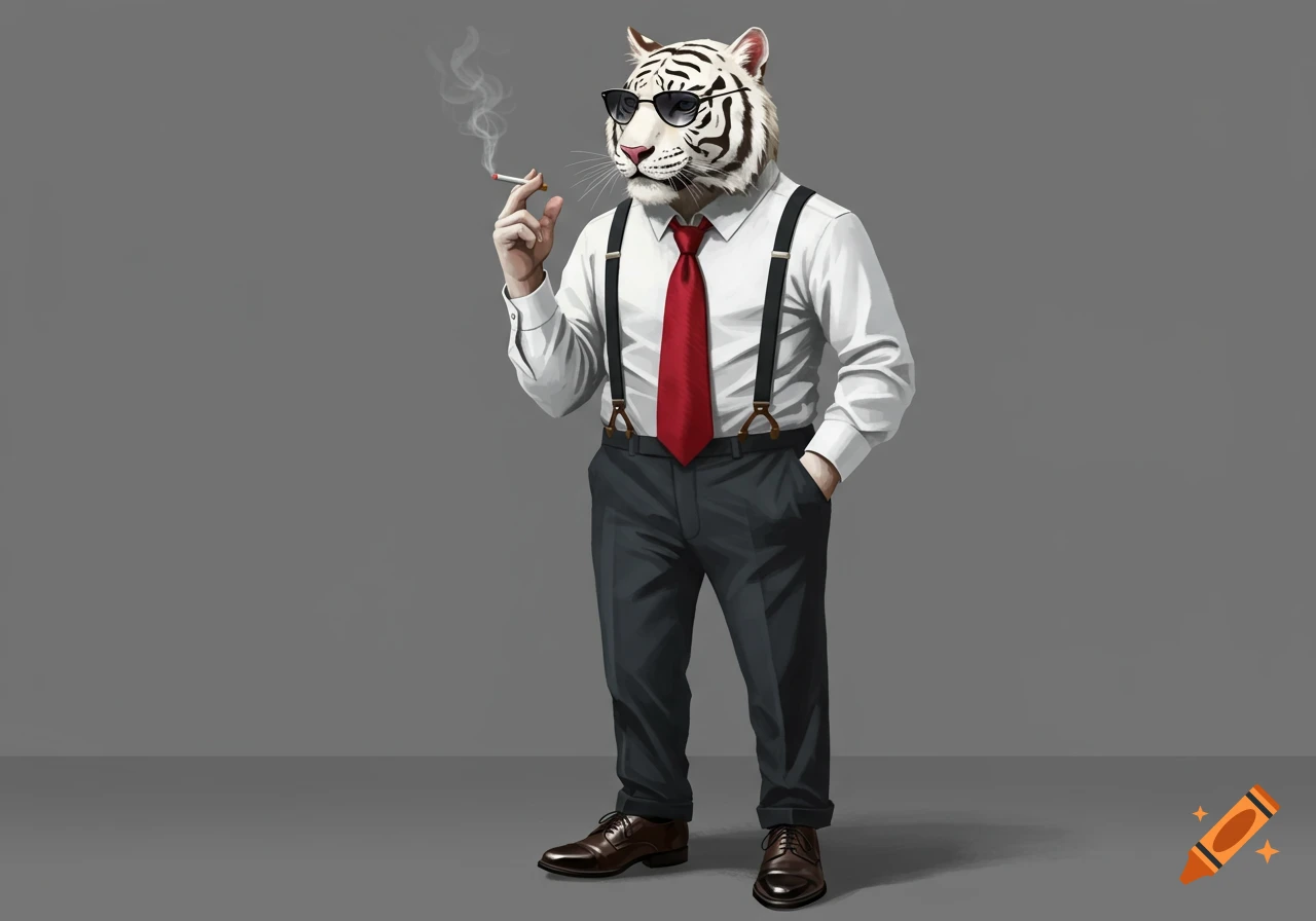 Anthropomorphic white tiger in a suit smoking a cigarette on Craiyon