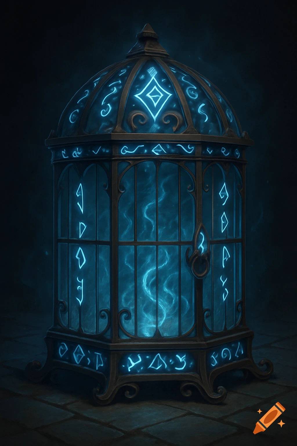 A magical cage with glowing blue runes and energy inside on Craiyon