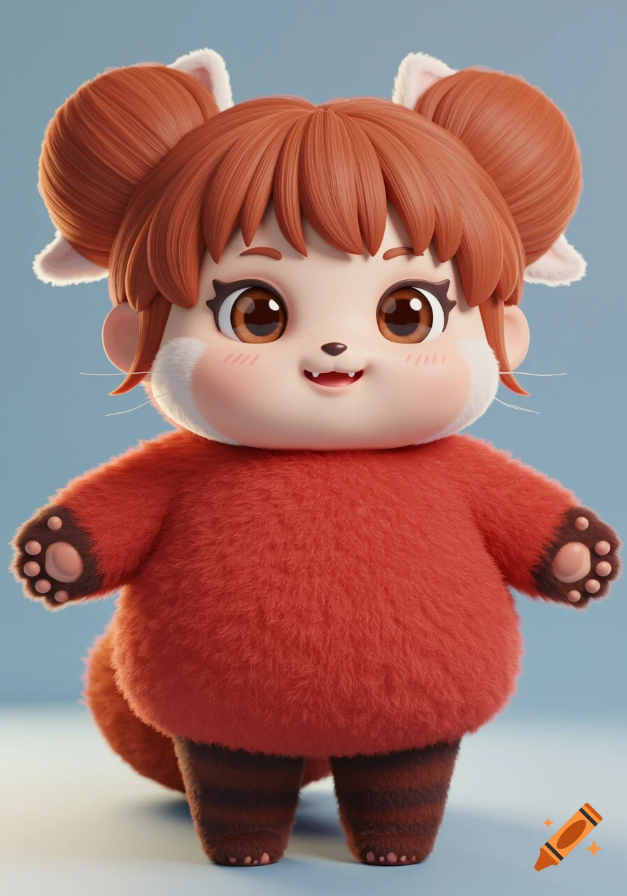 Cute 3D cartoon red panda girl with big eyes and hair buns. on Craiyon