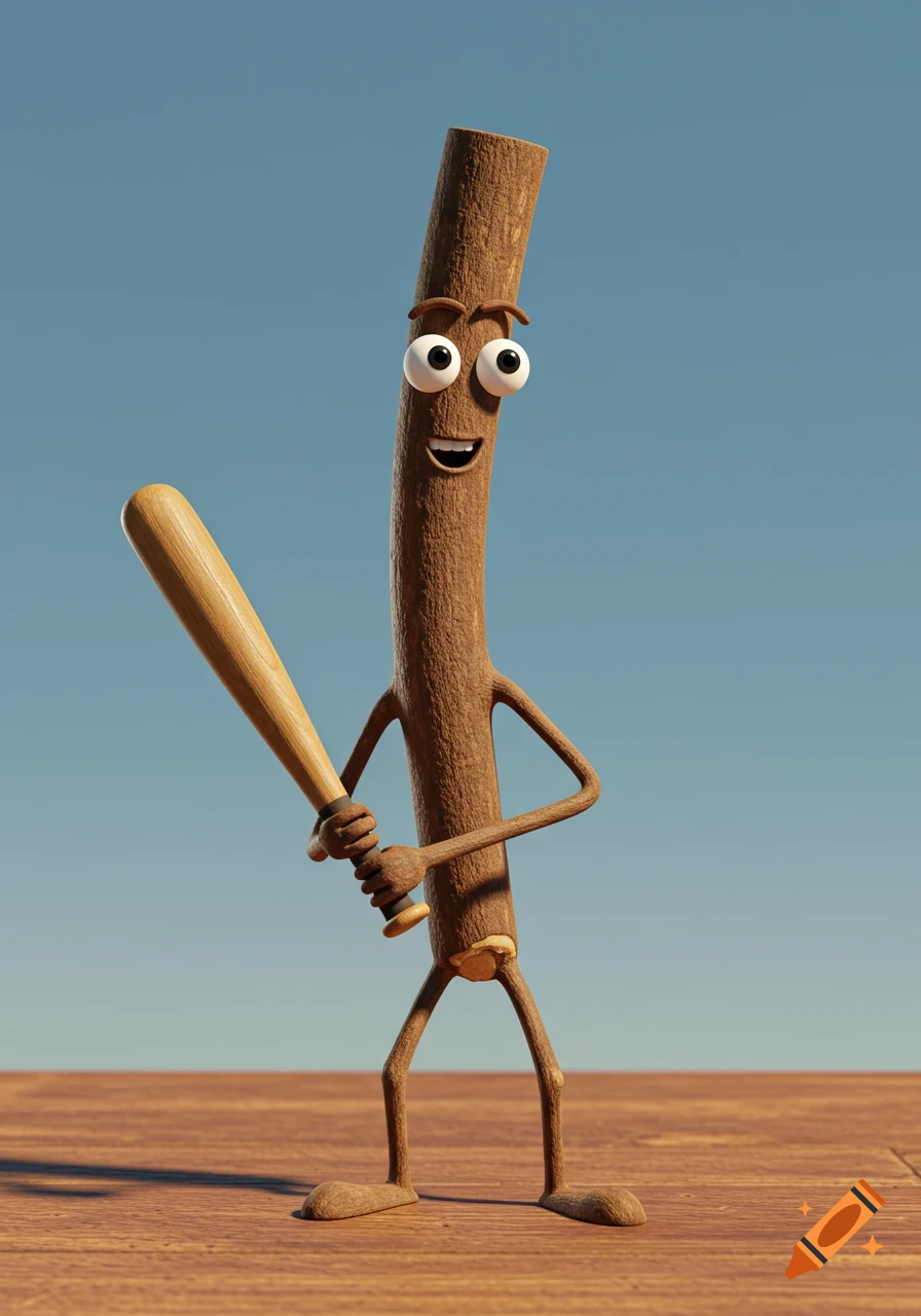 A 3D cartoon cinnamon stick character holds a baseball bat. on Craiyon