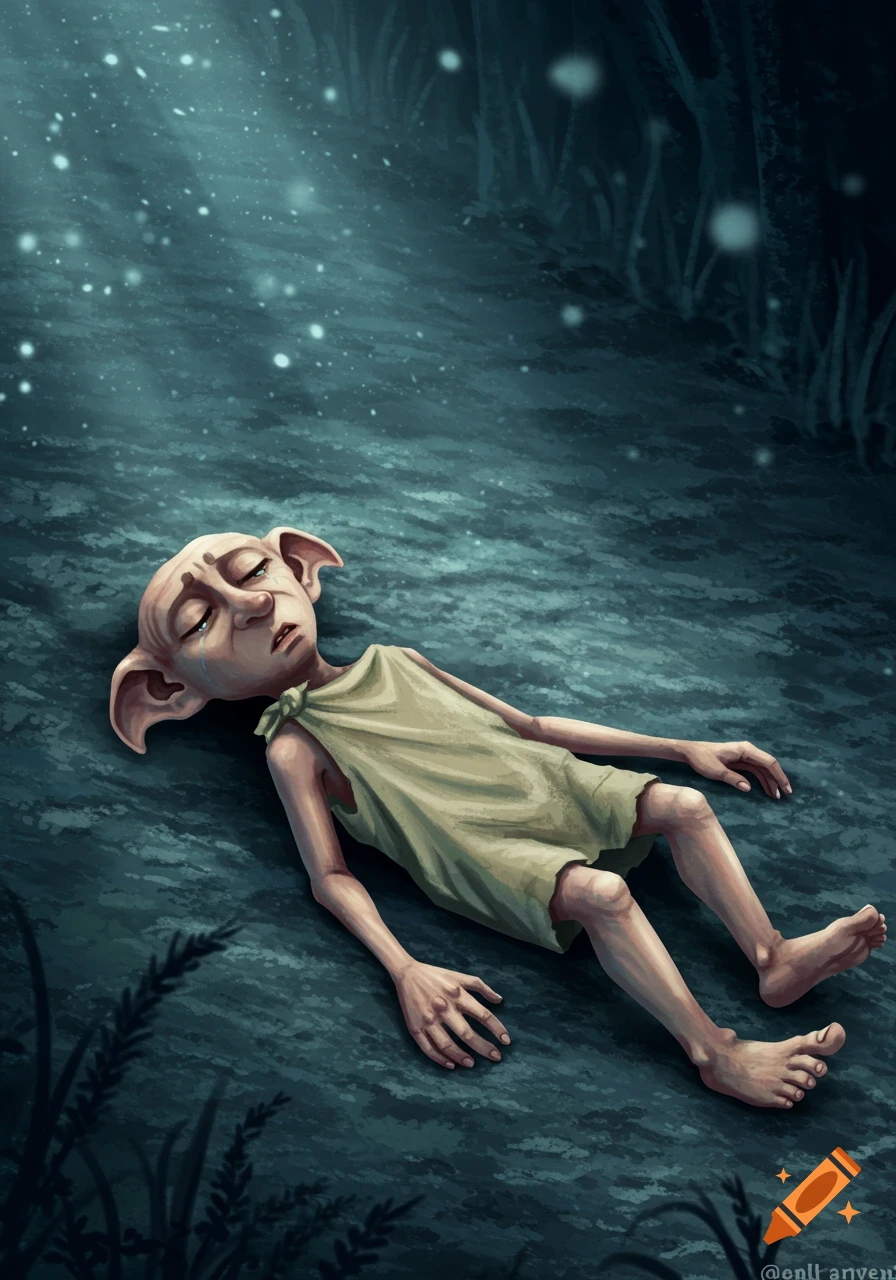 Dobby the house-elf lies dead on the ground in a dark forest clearing. on Craiyon