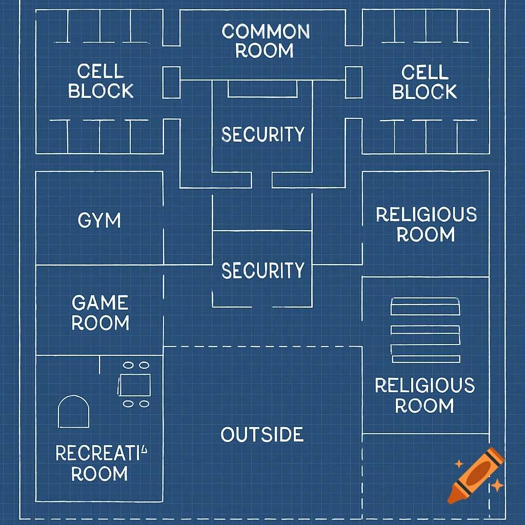 Blueprint floor plan of a prison layout on Craiyon