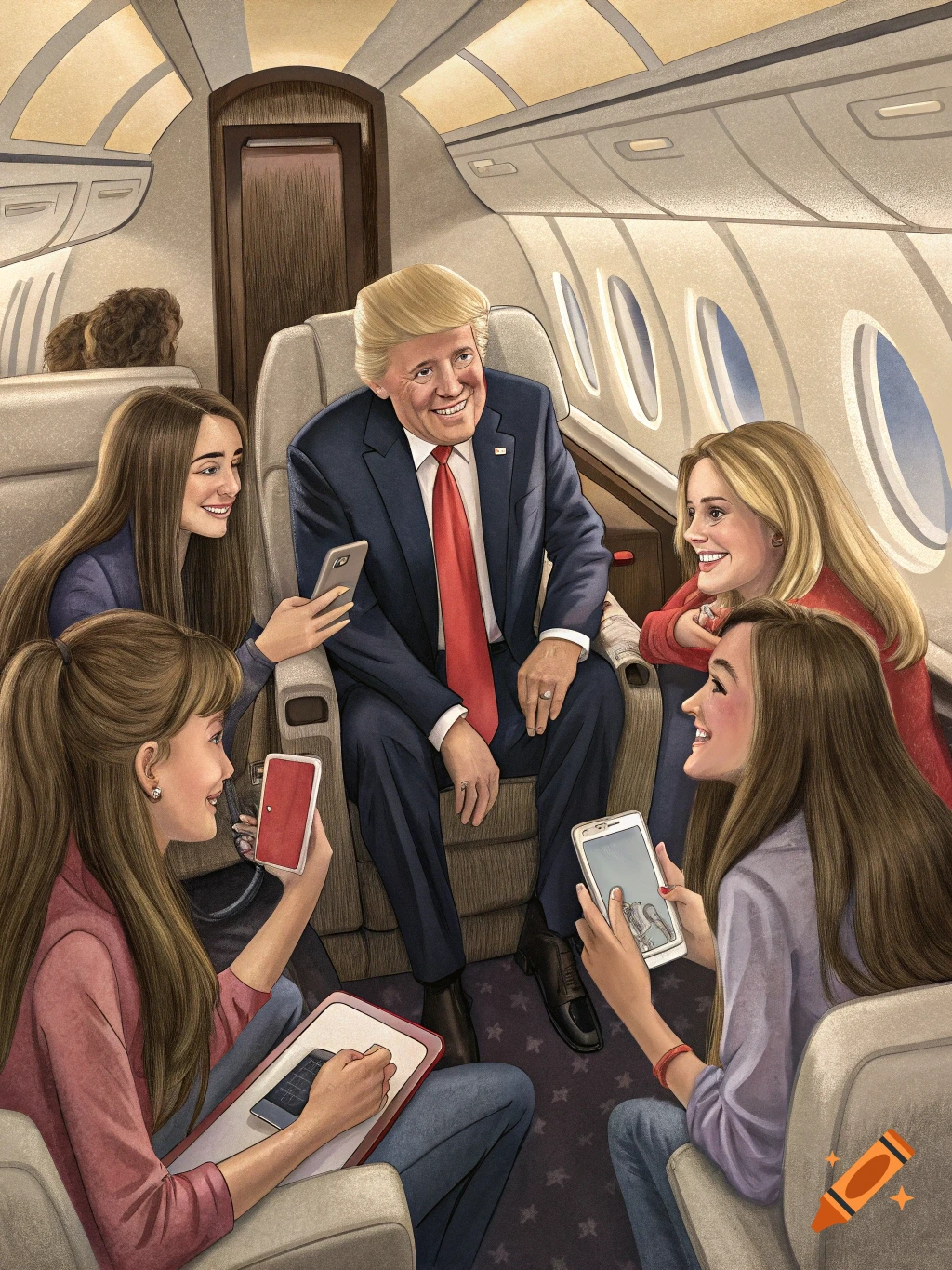Illustration of Donald Trump sitting in a private jet surrounded by ...