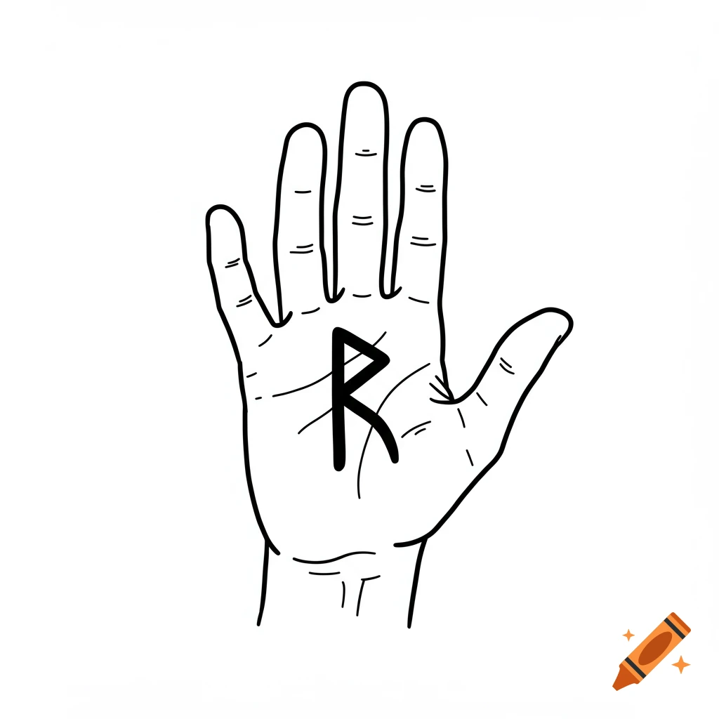 Line art drawing of a hand with a rune on the palm. on Craiyon