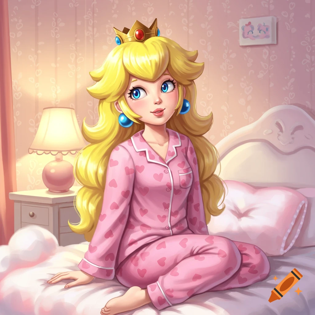 Princess Peach in pink heart pajamas sits on a bed in a bedroom. on Craiyon