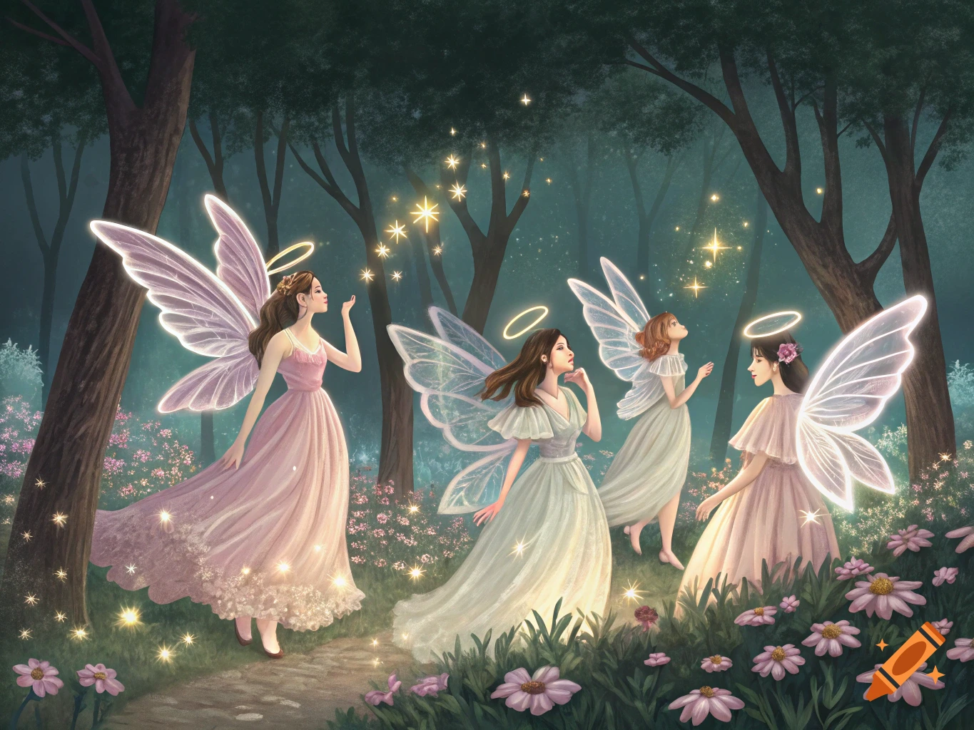 Four fairies with glowing wings stand in a magical forest clearing. on ...