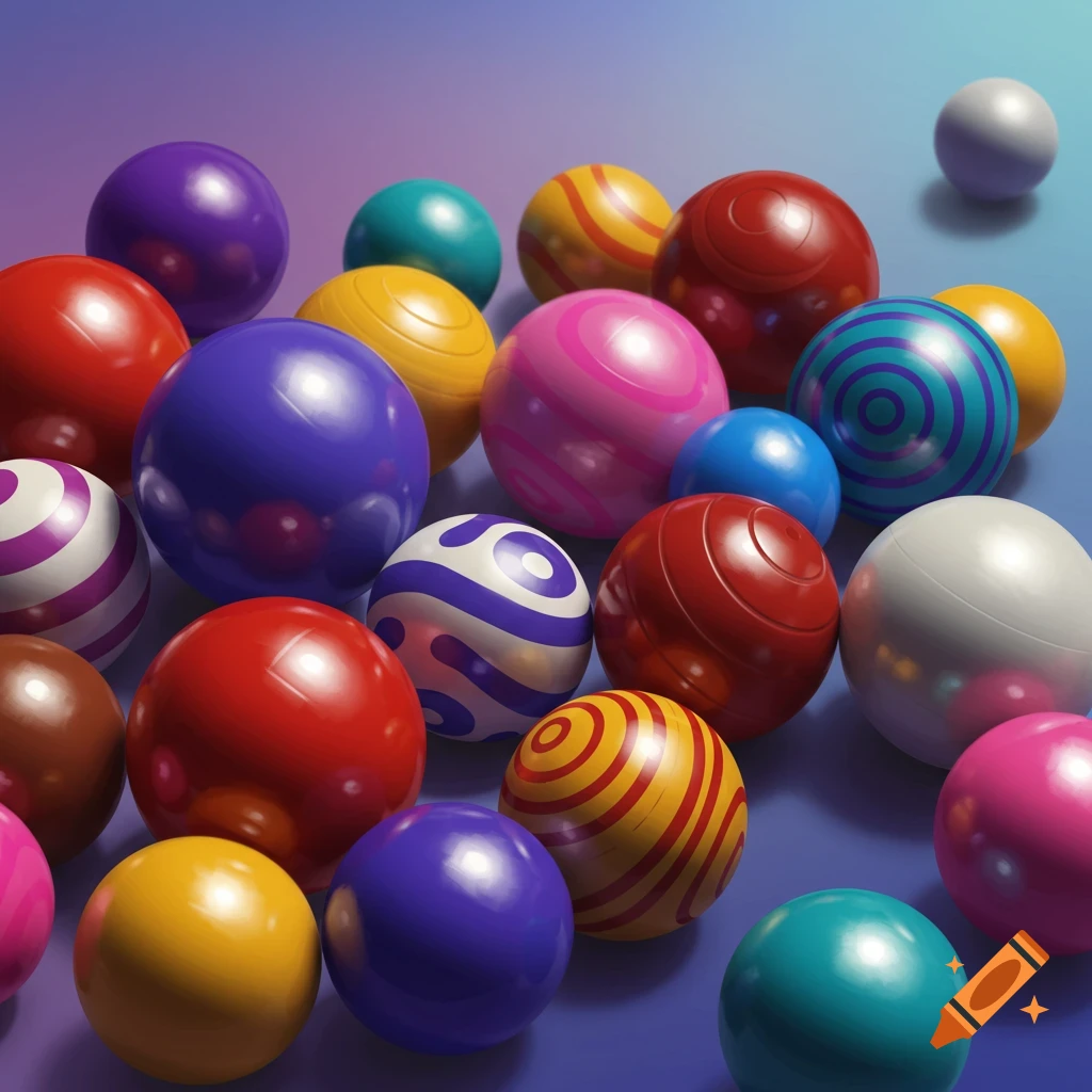 Close-up view of many colorful, shiny balls with various patterns and ...