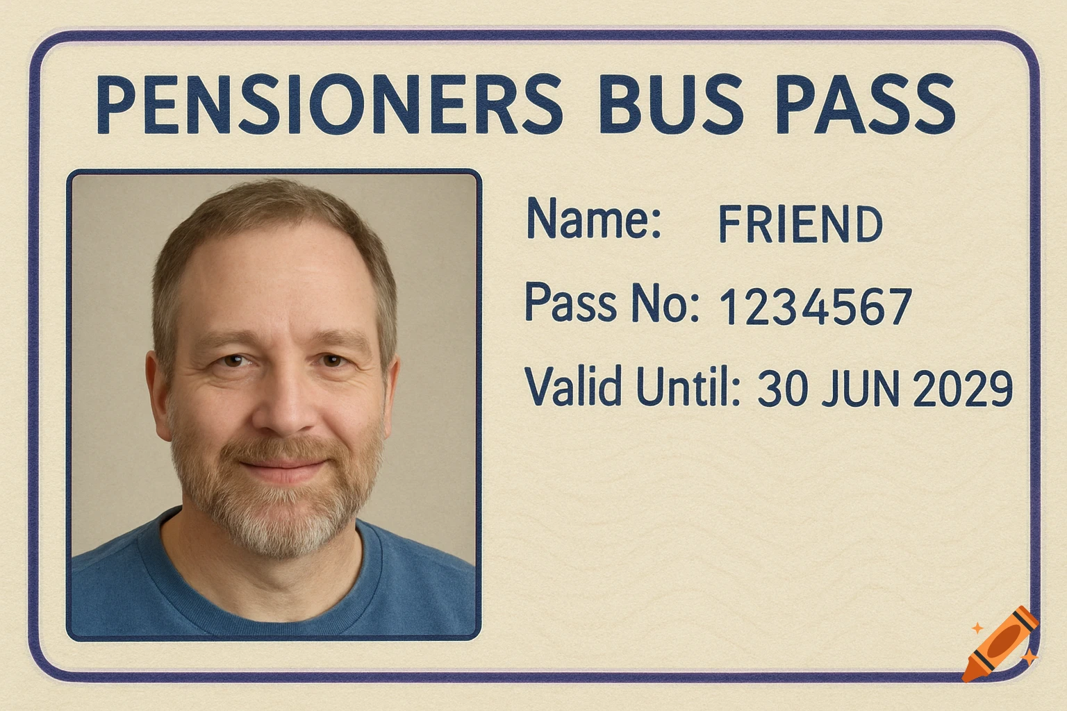 A pensioners bus pass with a photo of a man smiling. on Craiyon