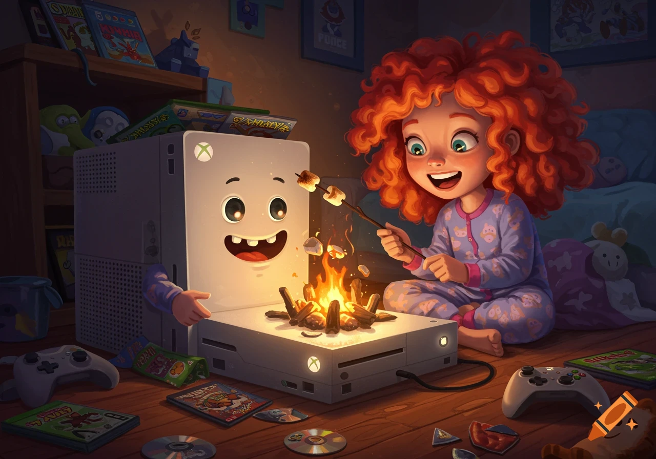 Cartoon girl roasts marshmallows over a personified Xbox console in a ...