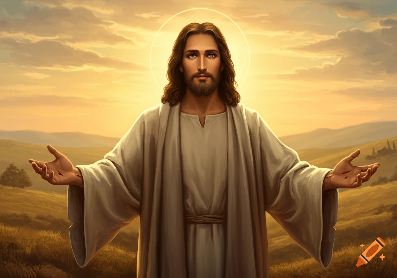 Painting of Jesus Christ with arms outstretched against a sunset ...