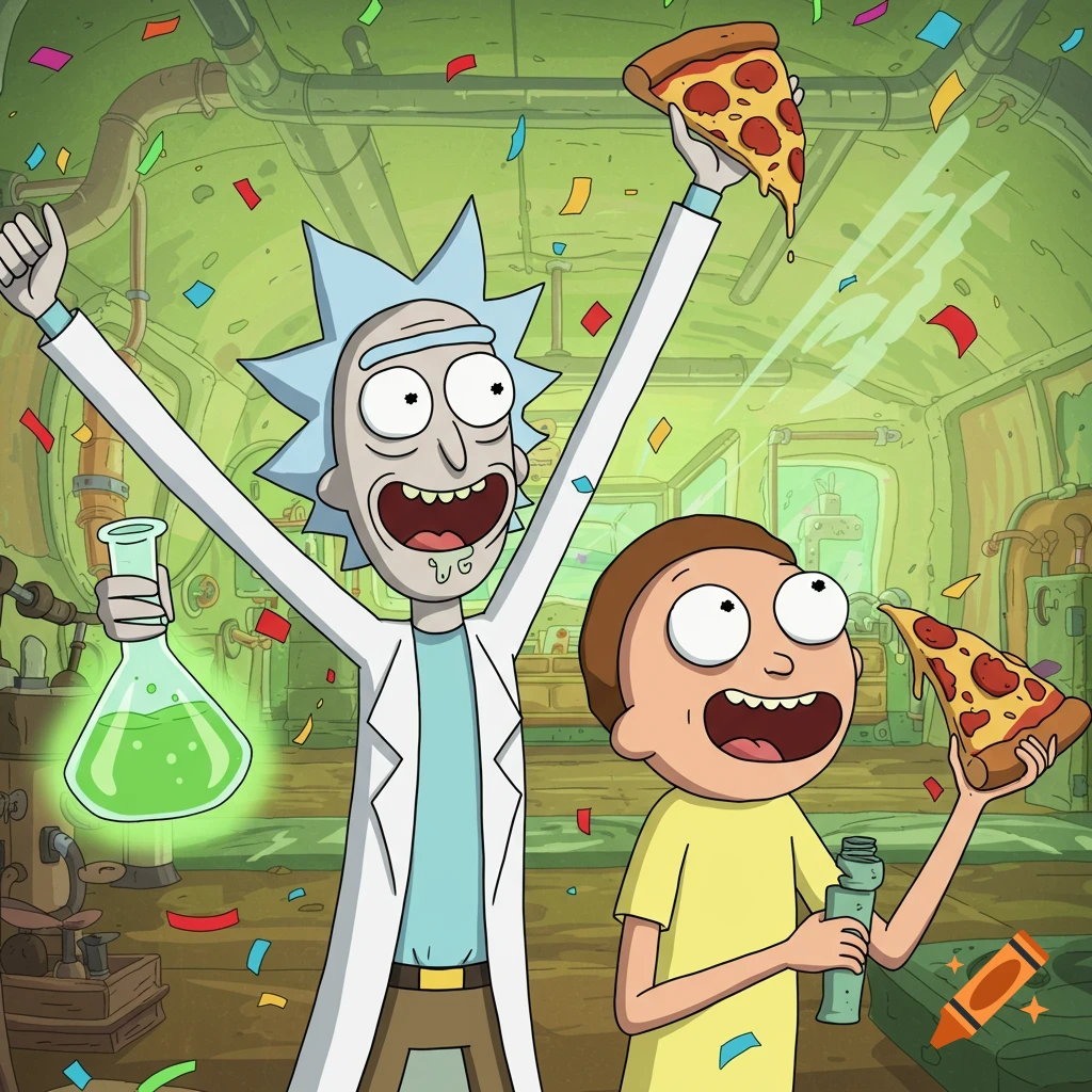 Rick and Morty celebrate with pizza and confetti in a lab, cartoon ...