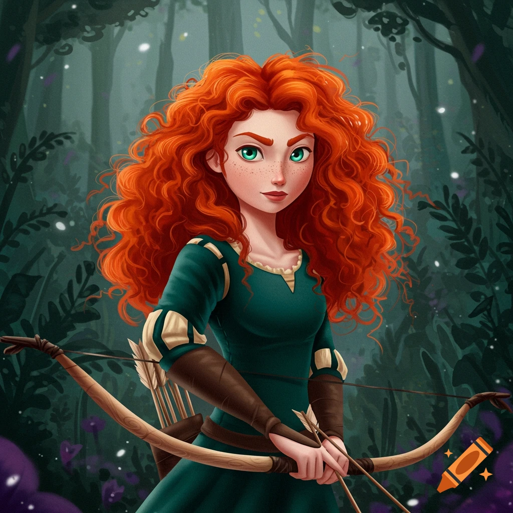 Illustration of Merida holding a bow and arrow in a forest. on Craiyon