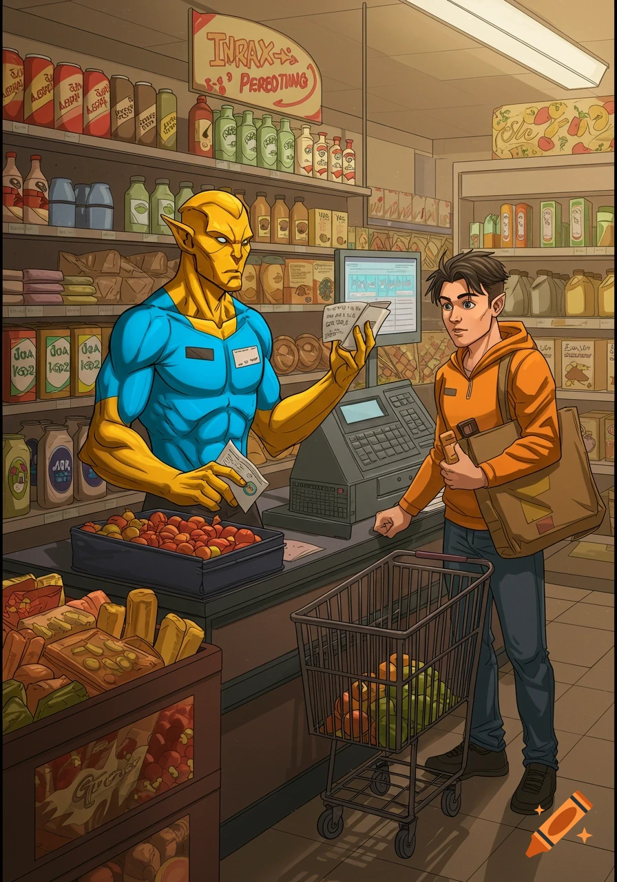 Comic book style image of a yellow-skinned, blue-shirted alien cashier ...