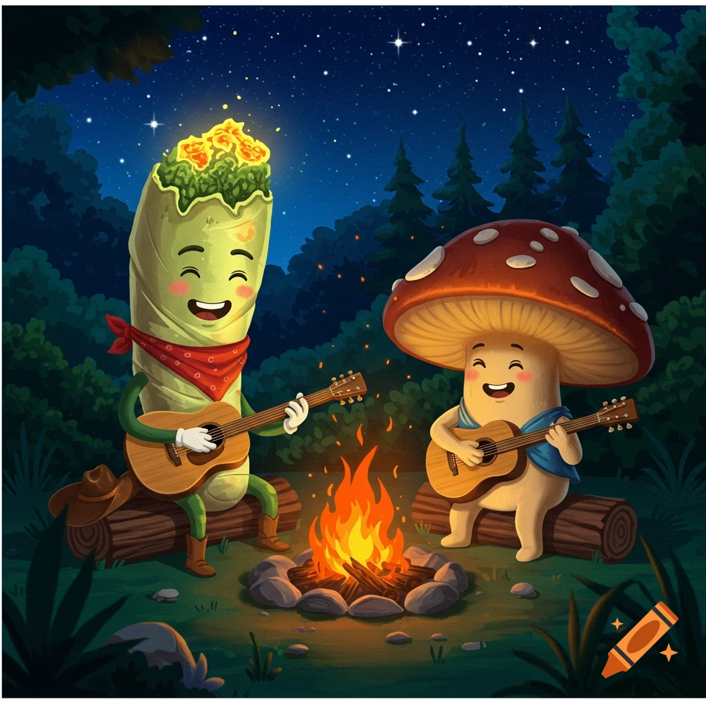 Anthropomorphic marijuana joint and mushroom characters play guitar by ...