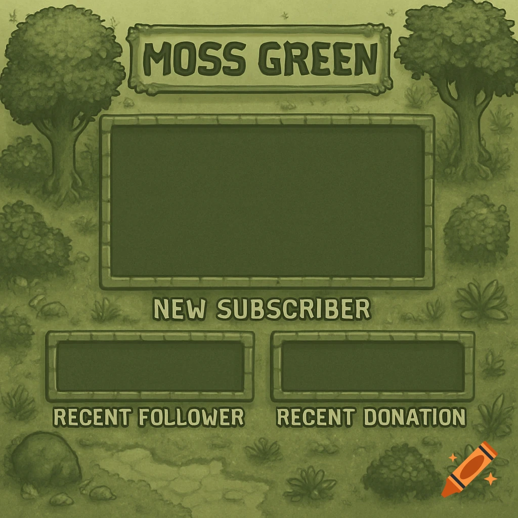 Moss green Twitch overlay design with trees, bushes, and boxes for ...