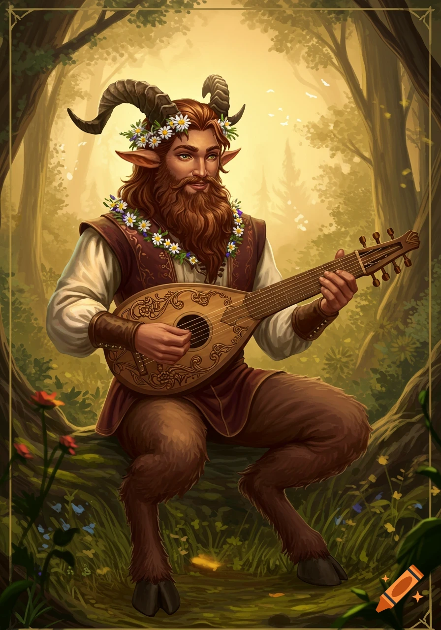 A handsome satyr with goat legs and horns plays a lute in a sunlit ...