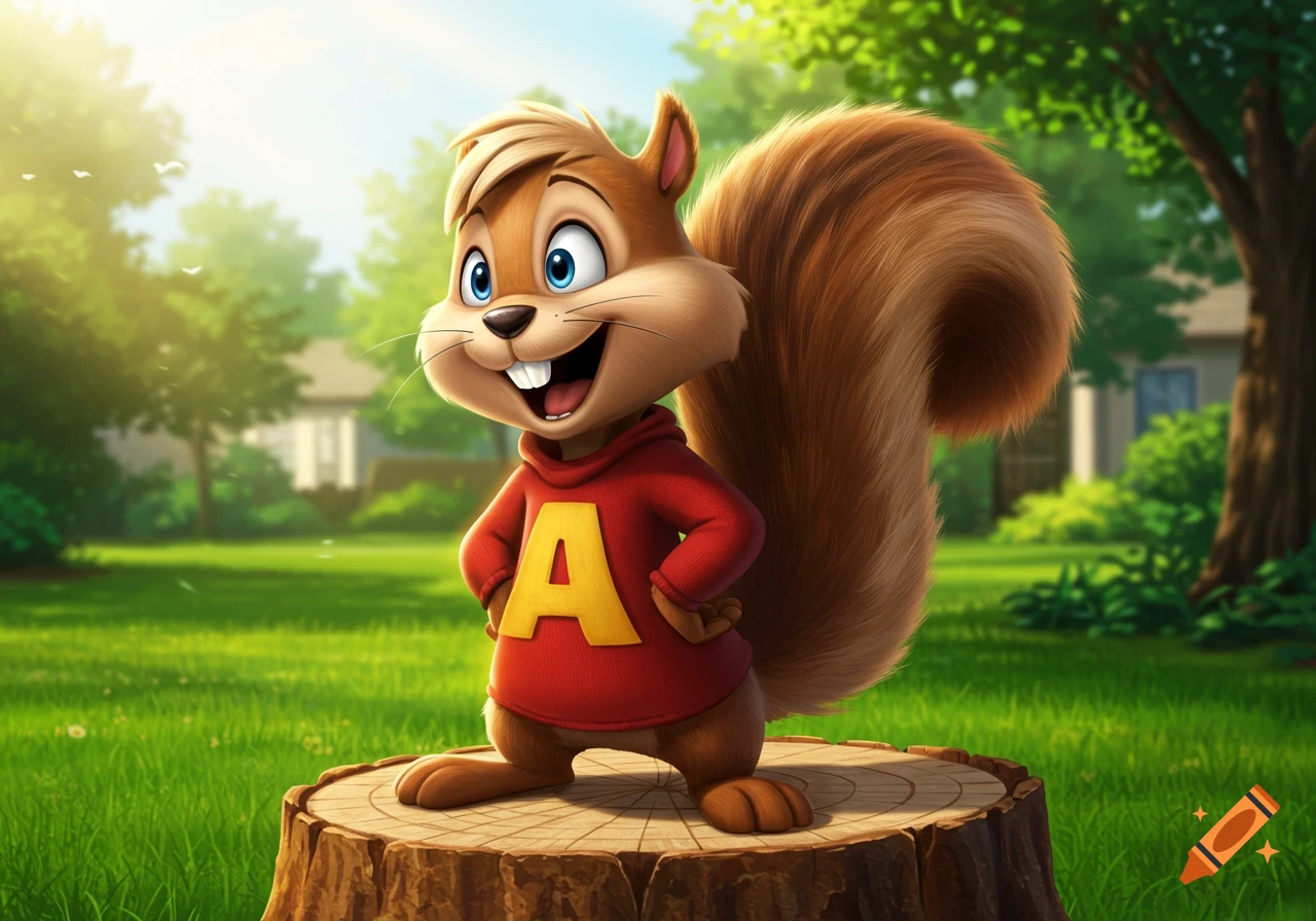 Cartoon squirrel Alvin wearing a red shirt with a yellow A, standing on ...