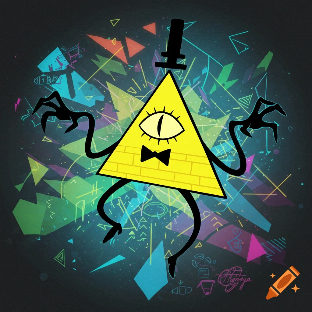 Bill Cipher, a yellow triangle with an eye, bow tie, and top hat ...