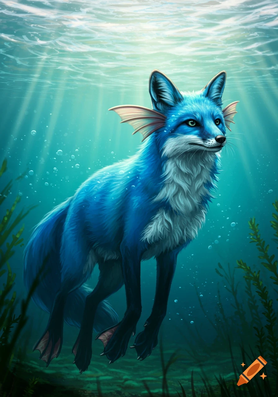 A blue fox with gills and webbed paws swims underwater. on Craiyon