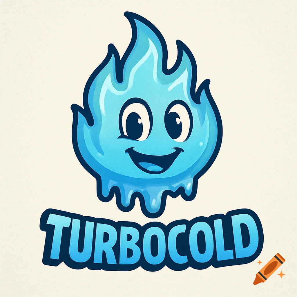 Cartoon logo of a blue icy flame mascot character with the word ...