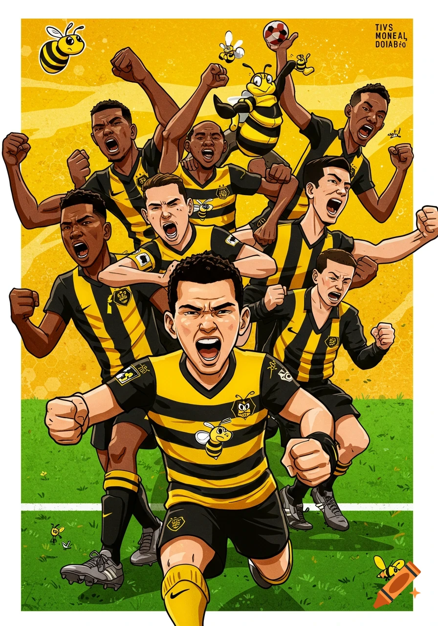 Cartoon soccer players in bee uniforms celebrate with bees flying ...