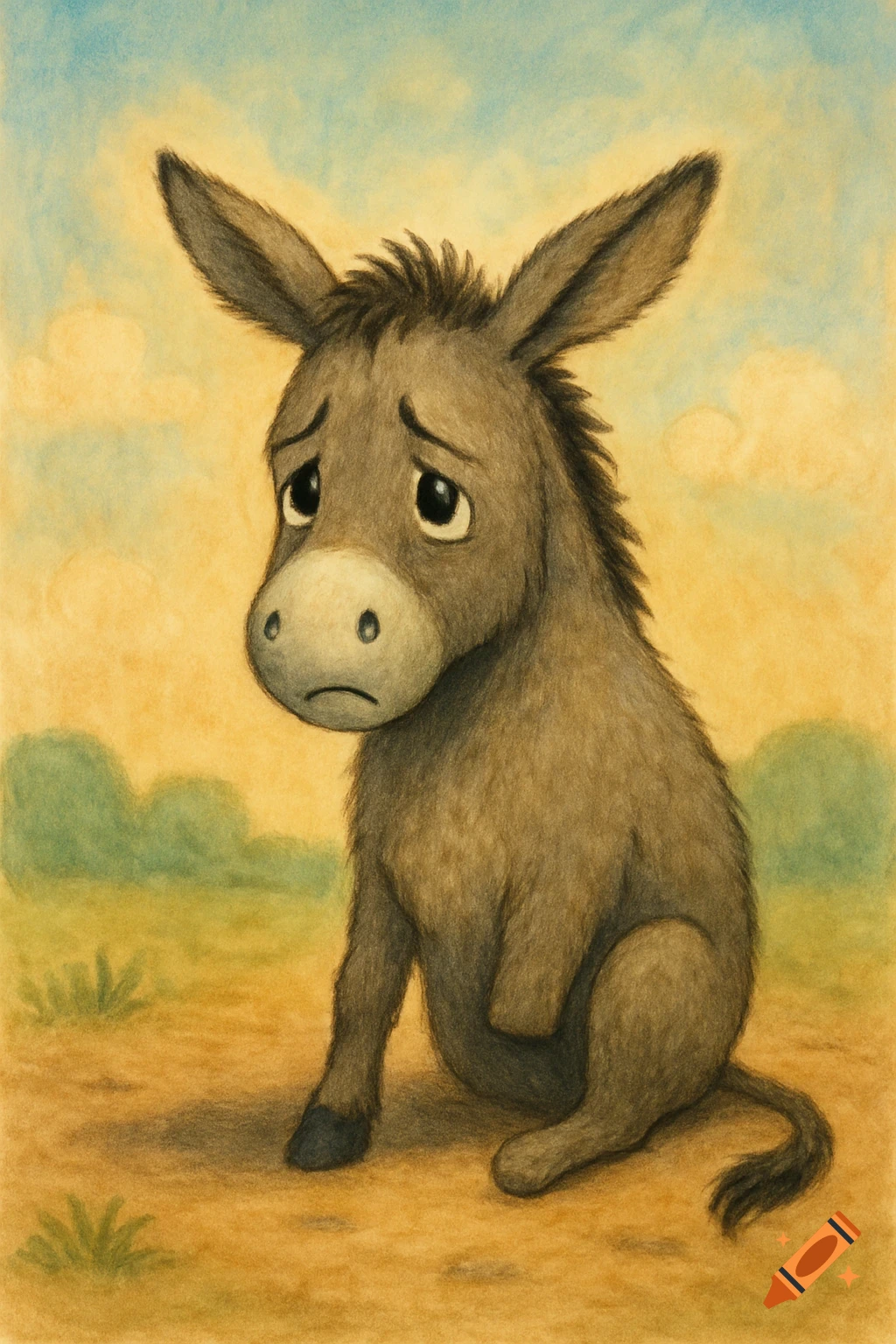 Illustration of a sad donkey missing two legs sitting in a field. on ...