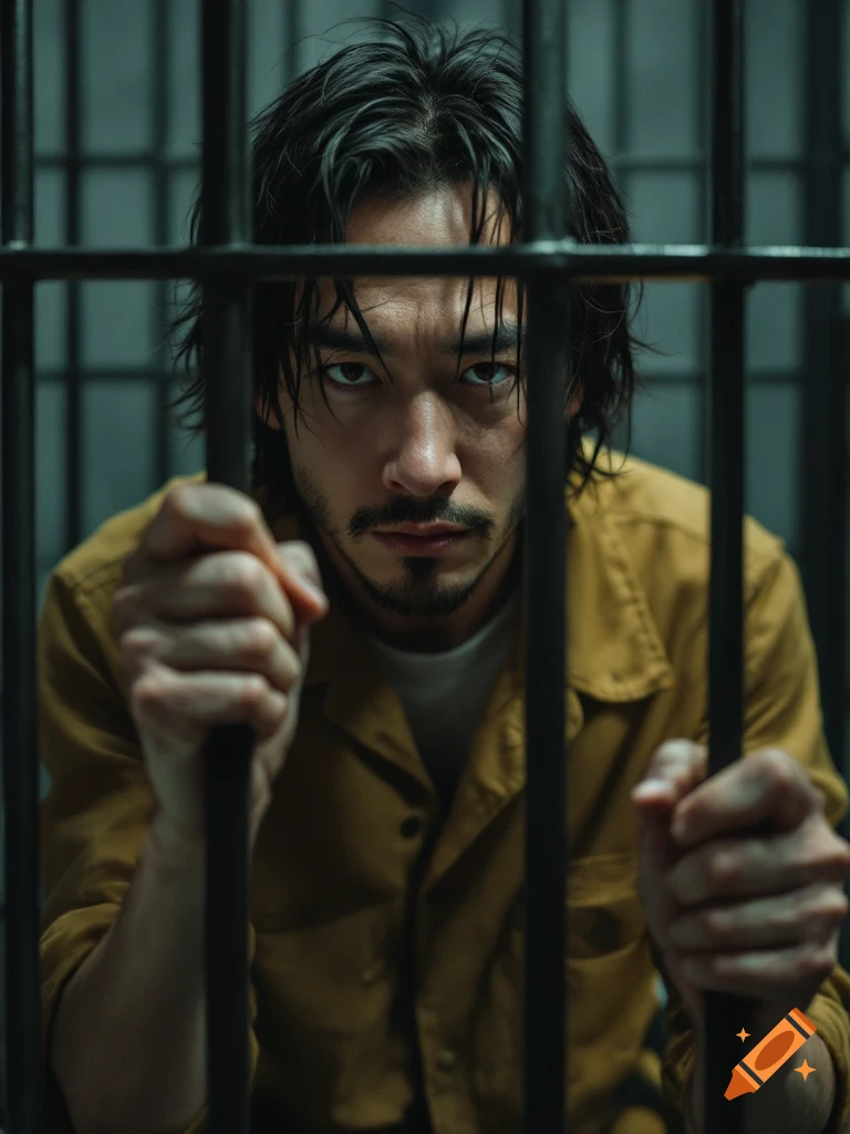 A realistic portrait of a man looking through prison cell bars. on Craiyon