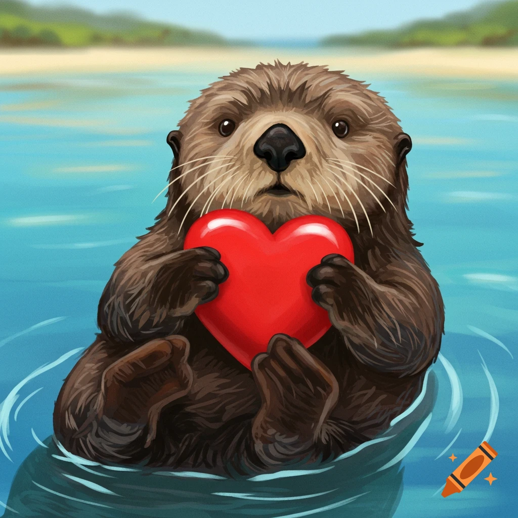 A sea otter floats in the water holding a bright red heart. on Craiyon