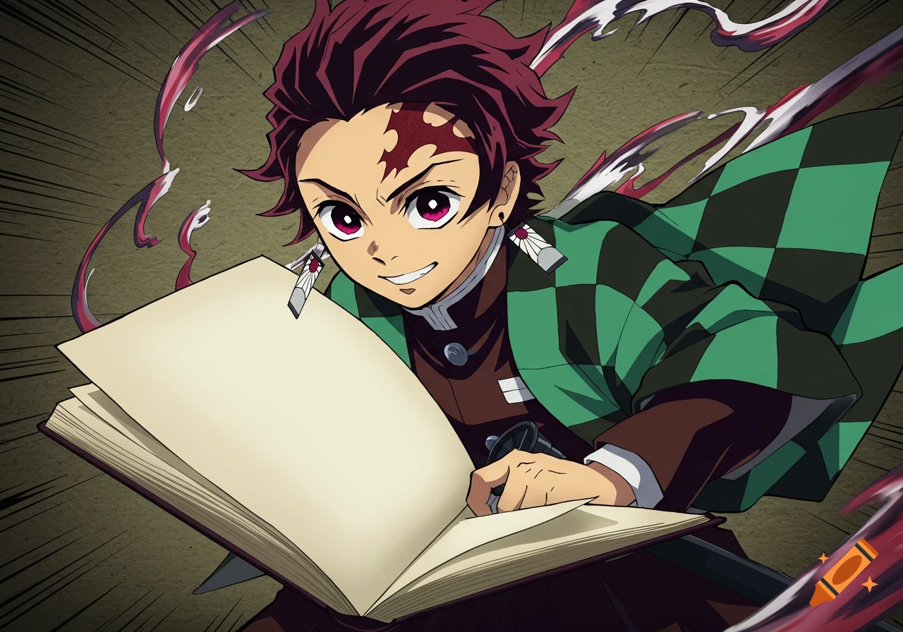 Anime character Tanjiro from Demon Slayer looking at an open book on ...