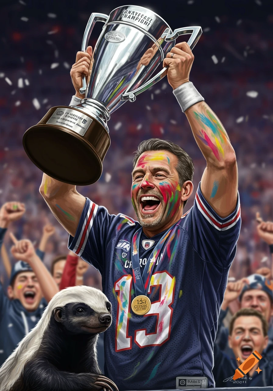 Illustrated man with face paint holds a trophy high while cheering with ...